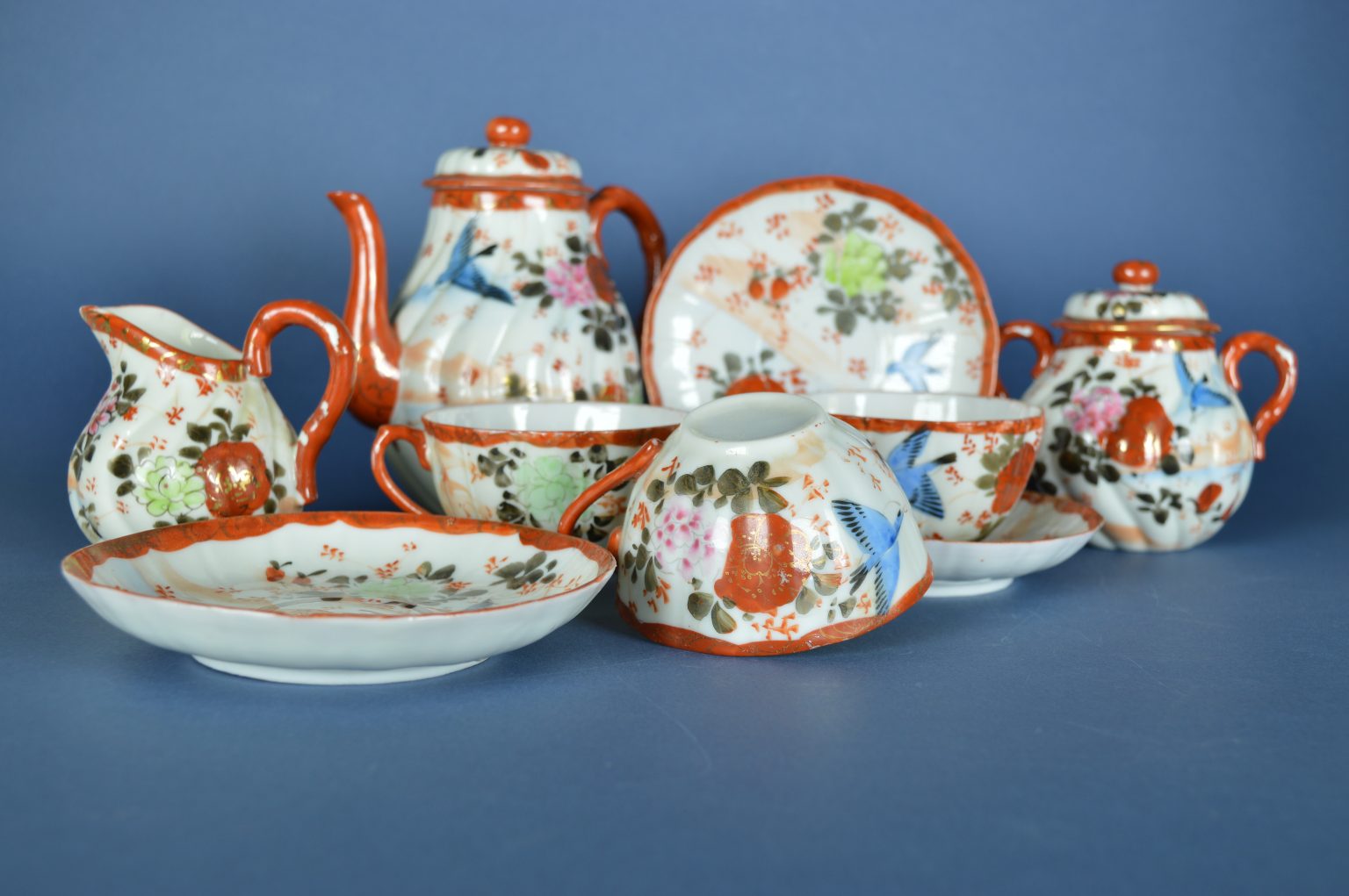 Theeservies Japans eierschaalporselein met blauwe zwaluw 9-delig - Bodour