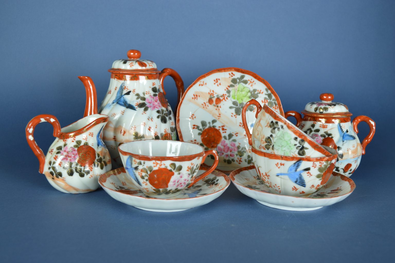 Theeservies Japans eierschaalporselein met blauwe zwaluw 9-delig - Bodour