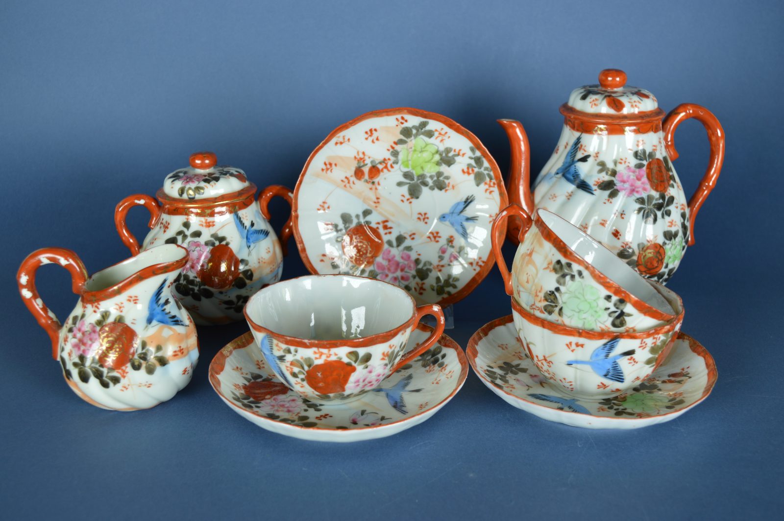 Theeservies Japans eierschaalporselein met blauwe zwaluw 9-delig - Bodour