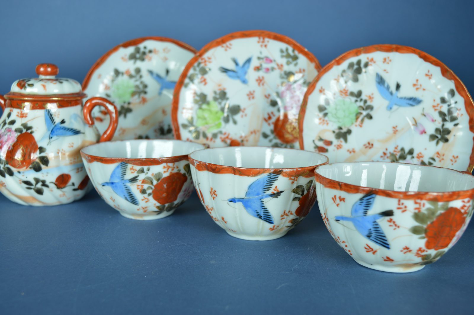 Theeservies Japans eierschaalporselein met blauwe zwaluw 9-delig - Bodour