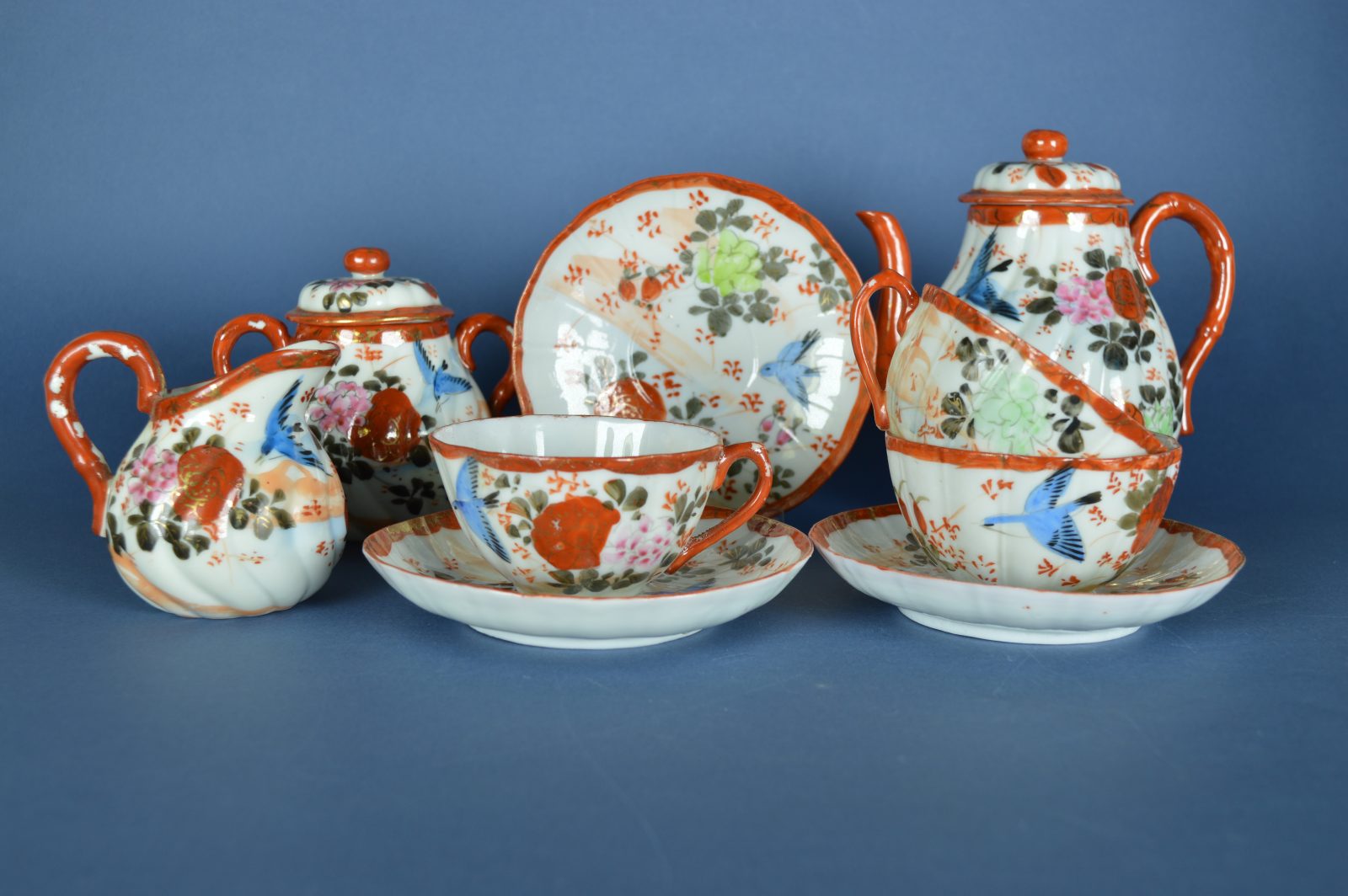 Theeservies Japans eierschaalporselein met blauwe zwaluw 9-delig - Bodour